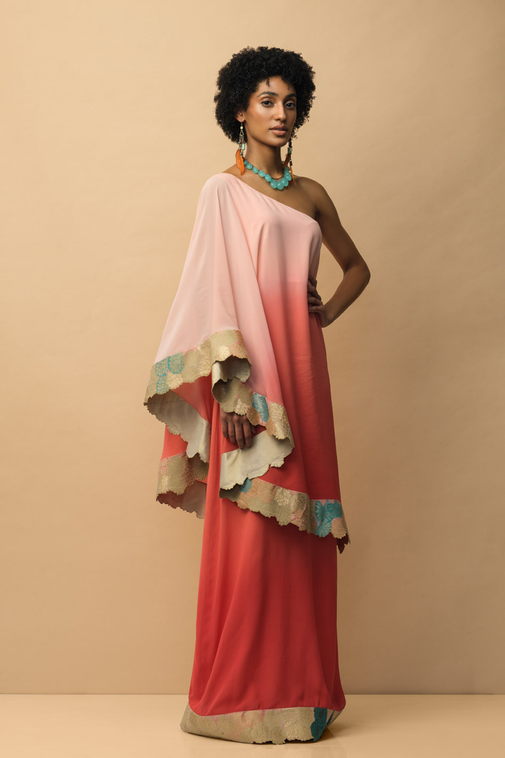 OMBRÈ Banaras Bloom toga dress peach & coral | Mallika Mathur