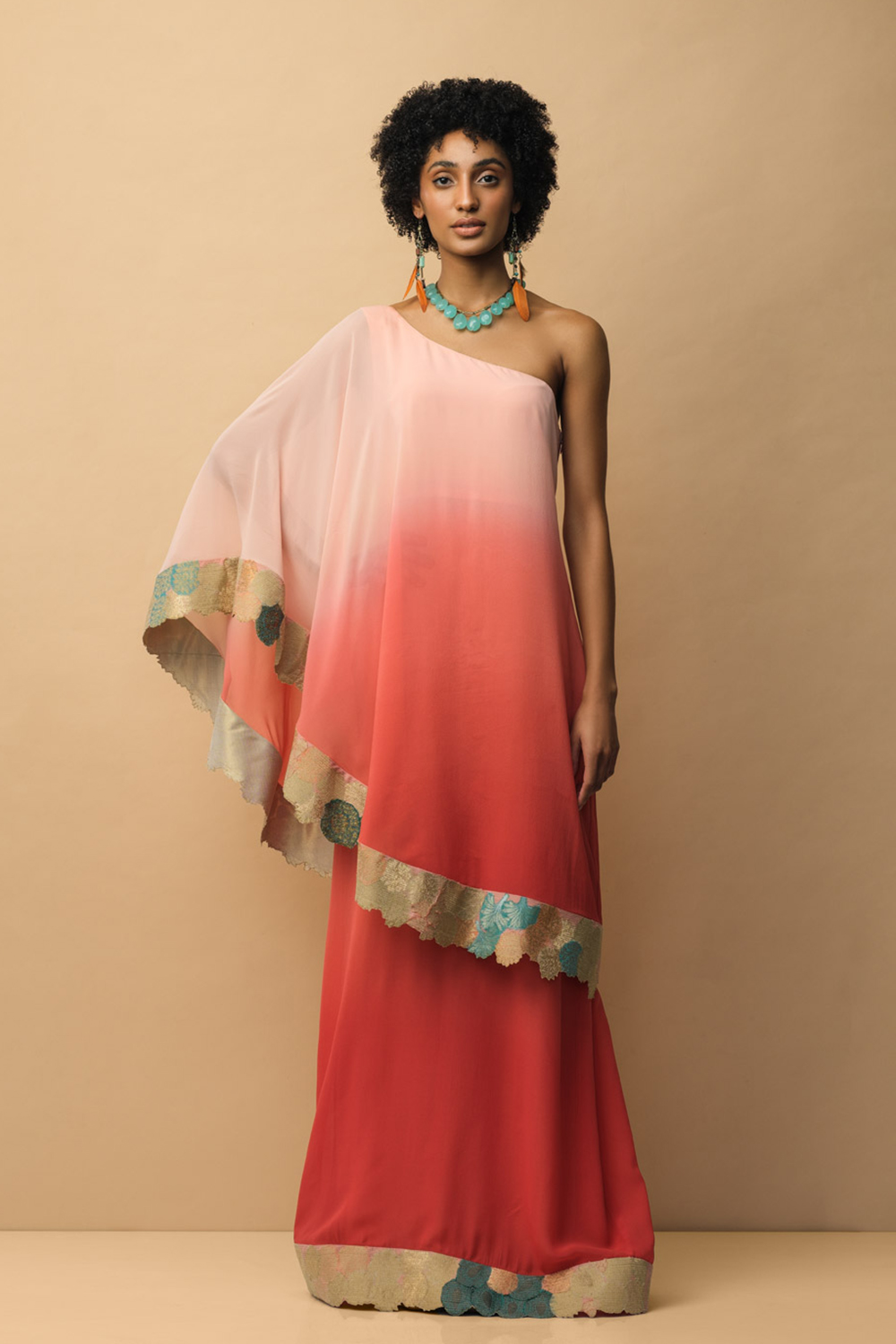 OMBRÈ Banaras Bloom toga dress peach & coral | Mallika Mathur