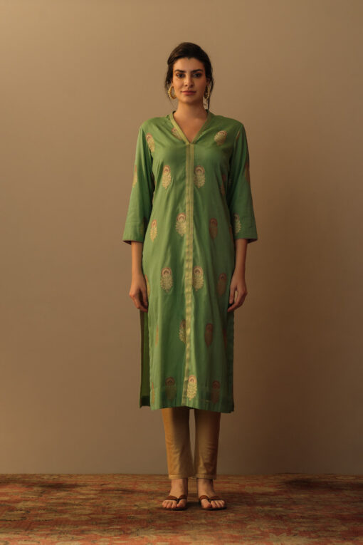 Meenakari mughal motif tunic jade green | Mallika Mathur