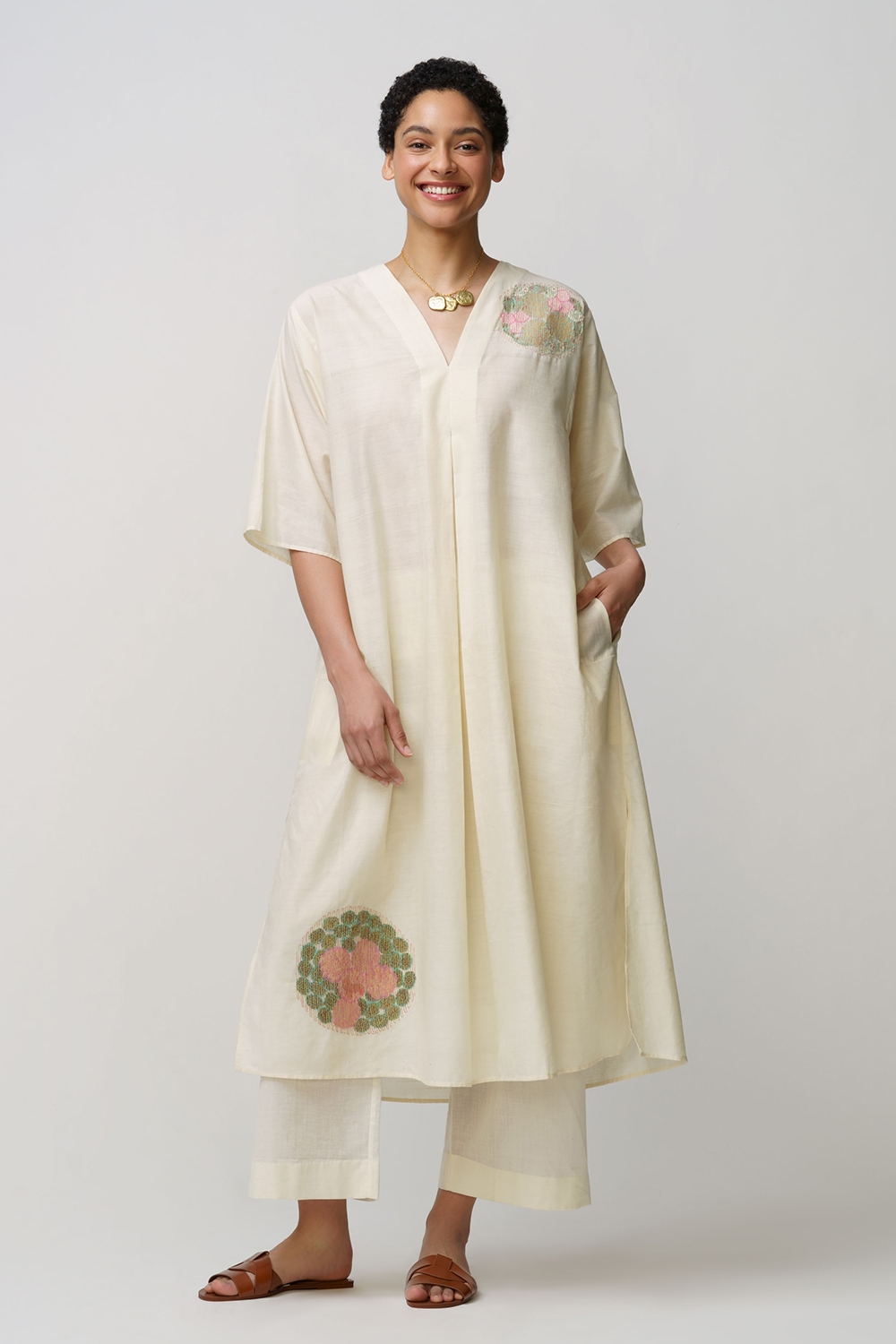 Caftan dress muslin chakri design applique | Mallika Mathur
