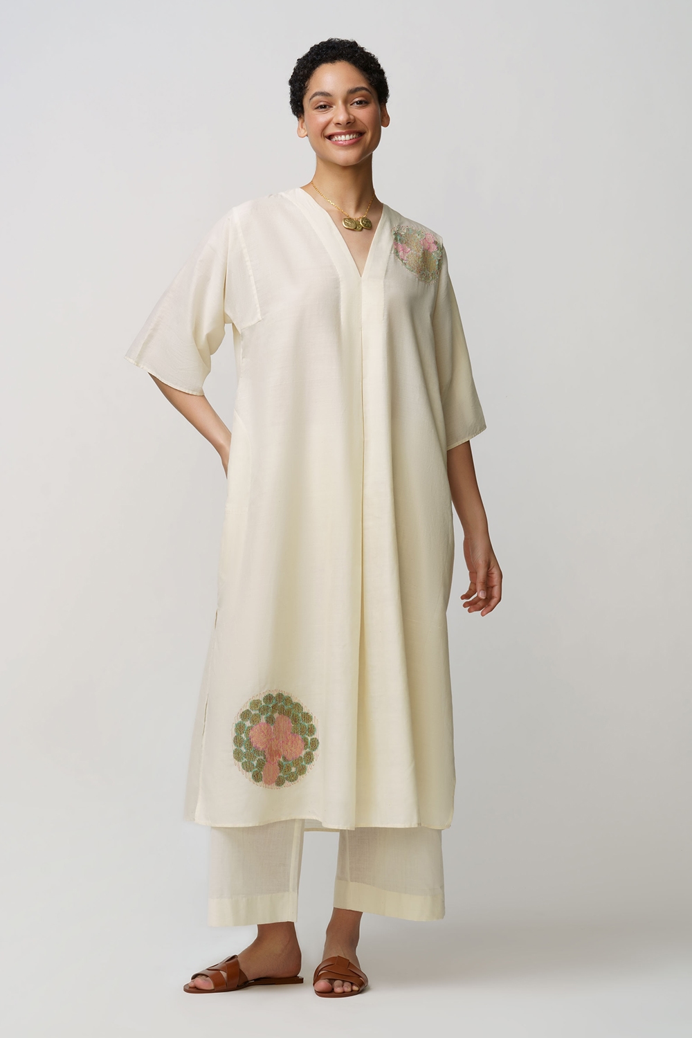 Caftan dress muslin chakri design applique | Mallika Mathur
