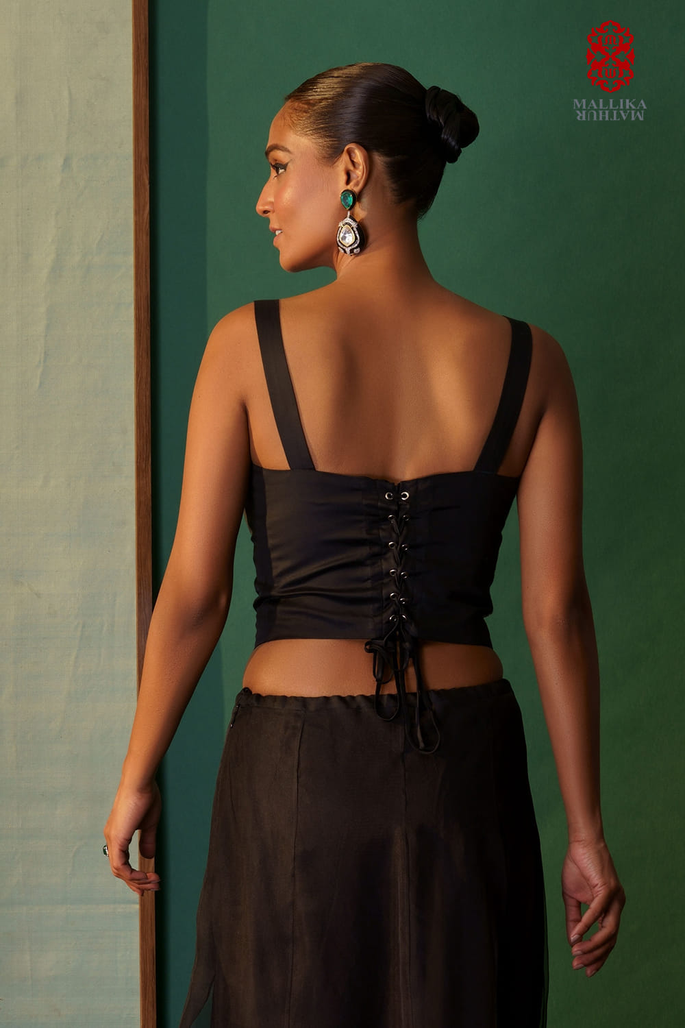 Black satin lycra corset | Mallika Mathur