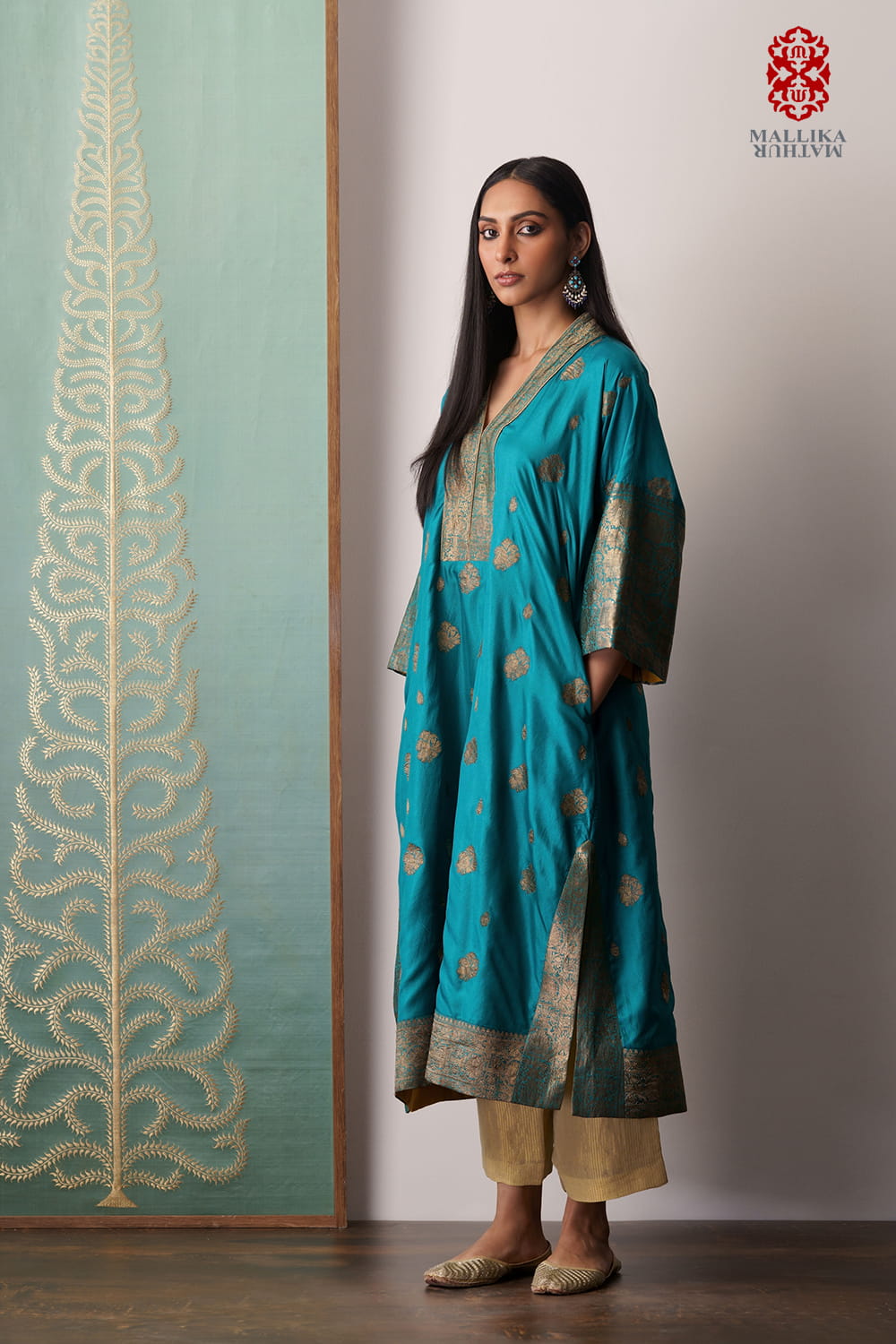 Zarkashi phiran silk appliqué turquoise